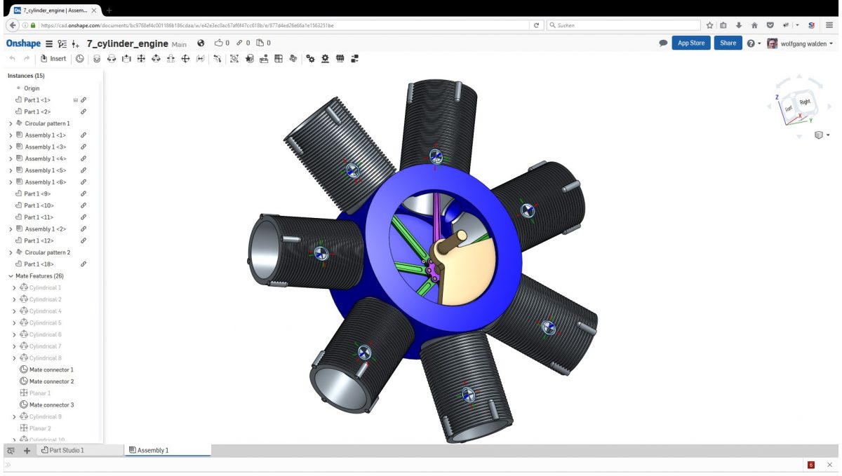 Onshape - assembly with flexible subassemblies - 7 cylinder engine - wolfgang walden´s IT & CAD blog