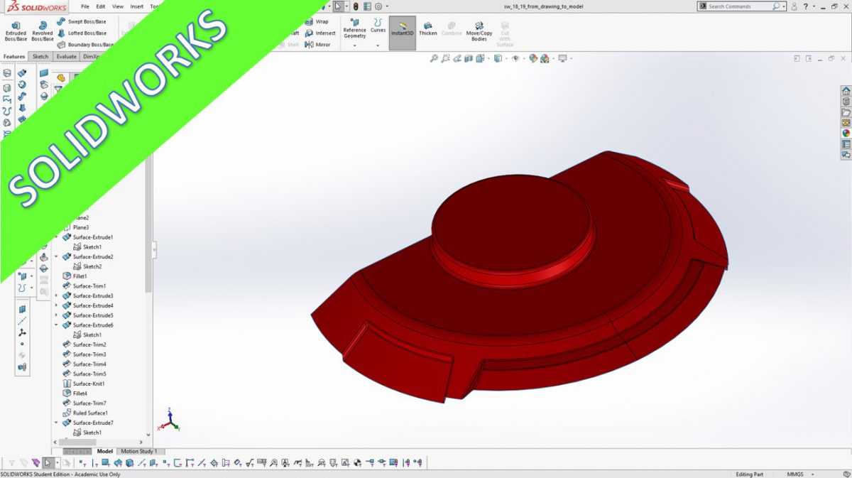 Videotutorial - solidworks 2018 / 19 - surfaces - From Drawing to Model ...